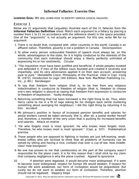 Informal Fallacies Exercise One Copyright © 2012 May Be Reproduced