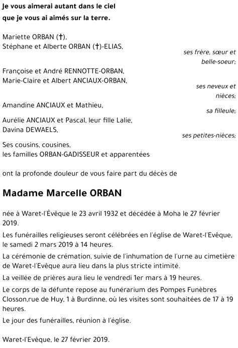 Avis De Décès De Marcelle Orban Décédé Le 27 02 2019 à Moha Annonce Condoléances Fleurs Etc
