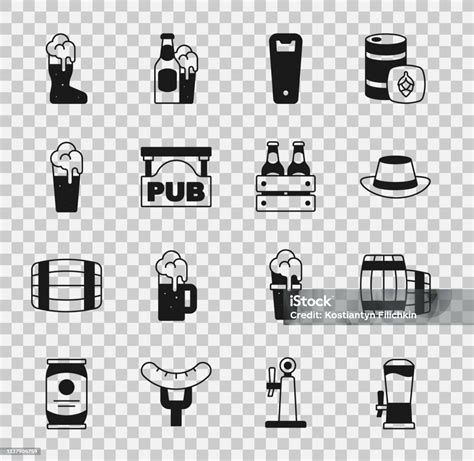 세트 맥주 탭 나무 배럴 옥토버 페스트 모자 병 오프너 술집 맥주 유리 부츠 유리 및 팩 병 아이콘거리 간판 벡터 맥주에 대한 스톡 벡터 아트 및 기타 이미지 Istock