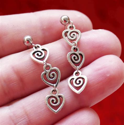 Spiral Heart Charm Dangle Earrings Silver Tone Stainless Steel Ball