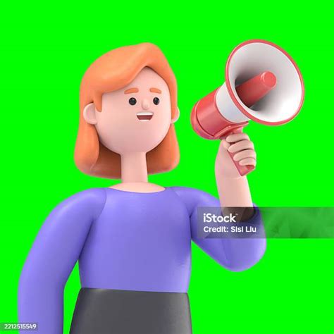 유럽 사업가 엘렌이 푸티지와 클리핑 경로를 위해 그린 스크린에서 Loudspeaker3d 렌더링으로 발표하는 3d 일러스트레이션 가공의 인물에 대한 스톡 사진 및 기타