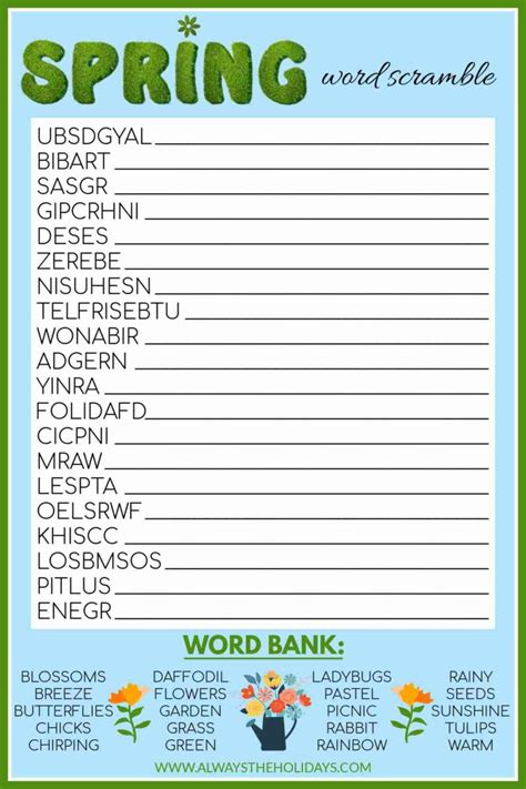 Free Spring Printable Spring Word Scramble With Answers