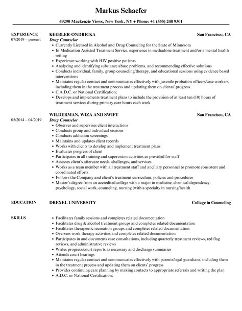 Drug Counselor Resume Samples Velvet Jobs