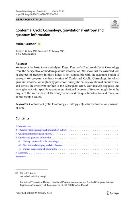 Pdf Conformal Cyclic Cosmology Gravitational Entropy And Quantum