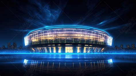 흐릿한 배경을 사용하여 3d 렌더링으로 축구 경기장 전면의 조명된 야경 비추다 배경 경기 배경 챔피언스 리그 배경 이미지