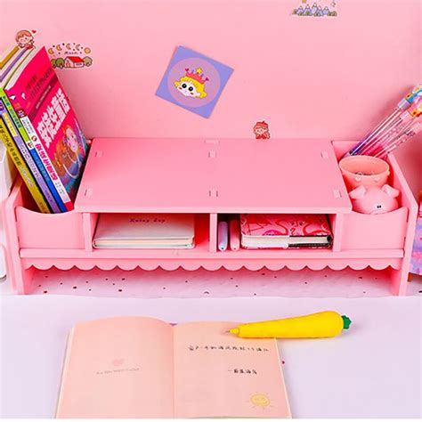 Cute Pink Monitor Stand Desktop Storage Solid Wood Grandado