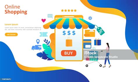 쇼핑 사람들이 활동 하는 전자 상거래를 위한 온라인 쇼핑 및 비즈니스 개념 웹 랜딩 페이지 Ui 모바일 앱 배너 템플릿 등에 적합 개념에 대한 스톡 벡터 아트 및 기타