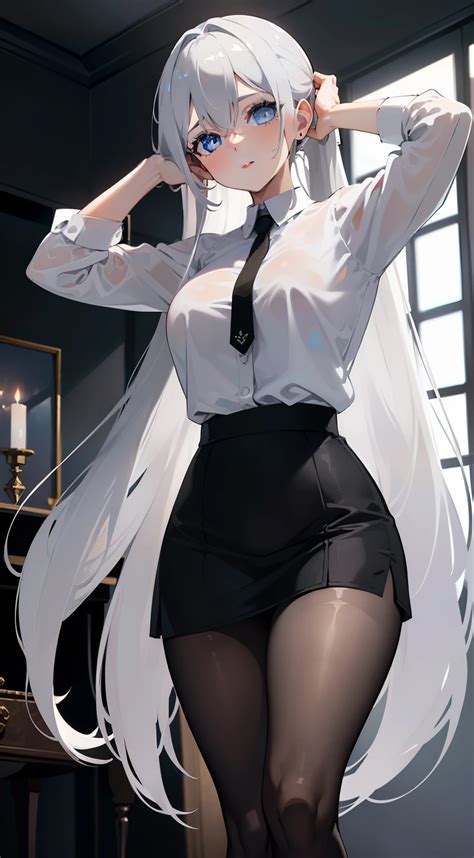 긴 흰 머리카락과 검은 치마를 입은 애니메이션 소녀가 방에서 포즈를 취하고 있다 Seaart Ai