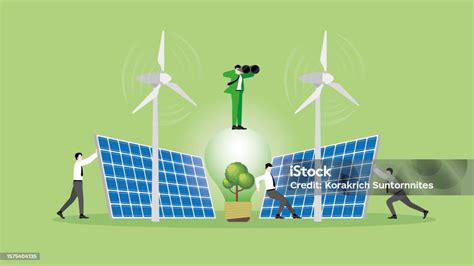 녹색 에너지 개념입니다 비전 사업가는 팀 지원을 받아 나무 전구 풍력 터빈 발전기 전력 및 태양 전지에 쌍안경을 사용합니다 Esg 재생 가능 대안 및 지속 가능한 환경