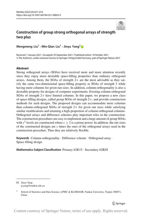 Construction Of Group Strong Orthogonal Arrays Of Strength Two Plus Request Pdf