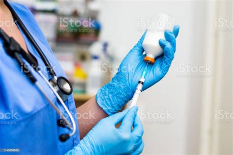 블루 글러브와 청진 기를 가진 의사 여성들이 주사기로 흰 약을 추출 합니다 개념에 대한 스톡 사진 및 기타 이미지 개념 개념과 주제 건강관리와 의술 Istock