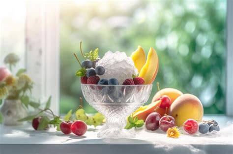 Premium Ai Image Ice Cream Decorated With Fruits On The Summer Background