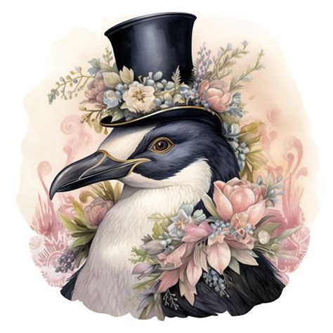 Premium Ai Image A Drawing Of A Bird With Flowers And A Hat With A