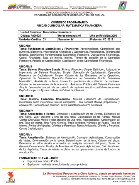 Contenido Programatico Matematica Financiera Pdf Finanzas Matemáticas Interés