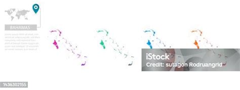 벡터 다각형 바하마 지도 세트입니다 낮은 폴리 스타일의 국가의 밝은 그라데이션 지도 인포그래픽을 위한 기하학적 스타일의 여러 가지 빛깔의 국가 지도 당신을 위한 다각형