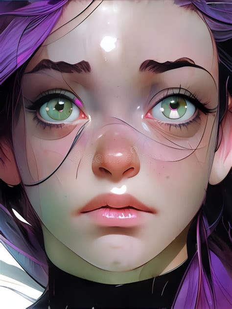 Closeup Portrait Young Female Character Her Hair Is Vibrant Purple Her