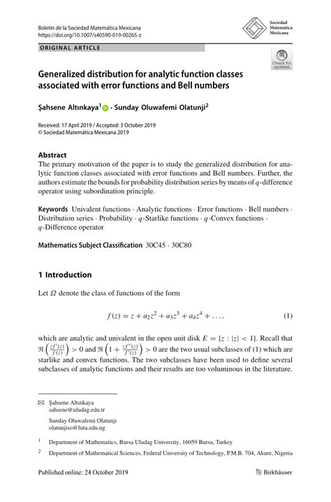 Pdf Generalized Distribution For Analytic Function Classes Associated With Error Functions And