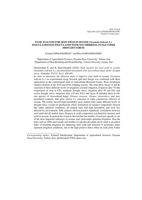Pdf Path Analysis For Seed Yield In Sesame Sesamum Indicum L Inoculatednon Inoculated With