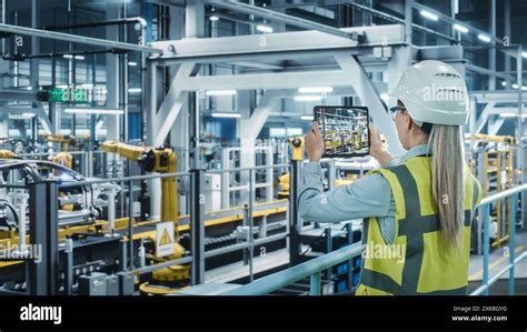 Car Factory Female Automotive Engineer Using Augmented Reality Tablet Computer Digitalization