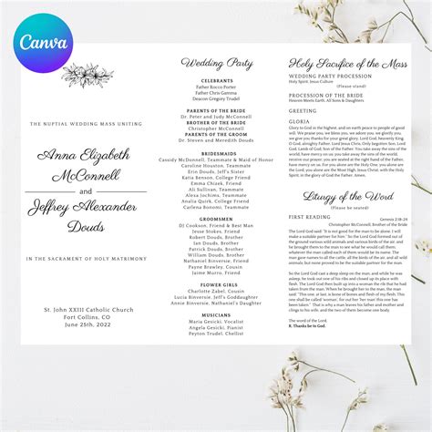Trifold Catholic Wedding Mass Program Template Editable Canva Design