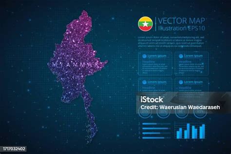 미얀마 지도 인포그래픽 템플릿은 다이어그램 그래프 프리젠테이션 및 차트에 파란색 배경에 추상적인 기하학적 메쉬 다각형 조명 개념을 가지고 있다 0명에 대한 스톡 벡터 아트