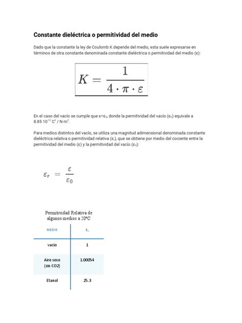 Constante Dieléctrica O Permitividad Del Medio Permitividad Relativa