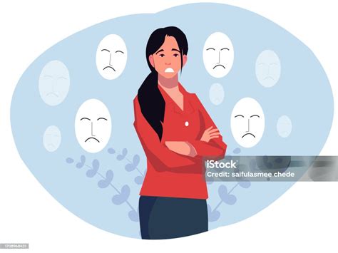 가면 증후군 얼굴 표정 문제 양극성 무질서 위선 분열된 성격을 덮는 소녀 슬픈 정신 건강 질환 및 심리적 문제 개념 벡터 일러스트레이터 Theatrical