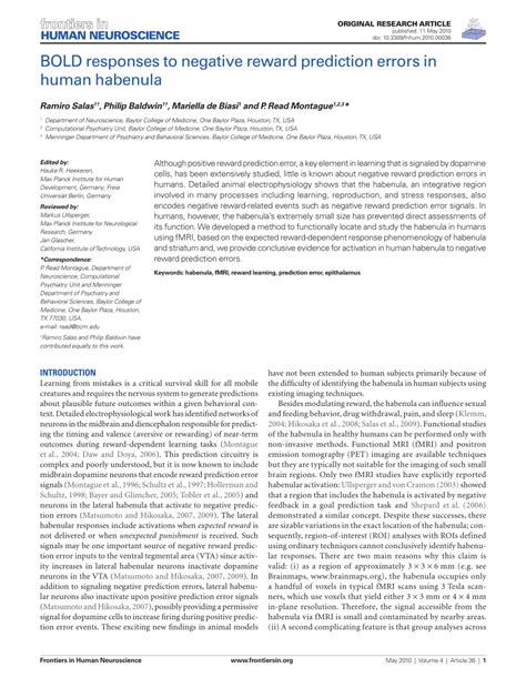 Pdf Bold Responses To Negative Reward Prediction Errors In Human Habenula