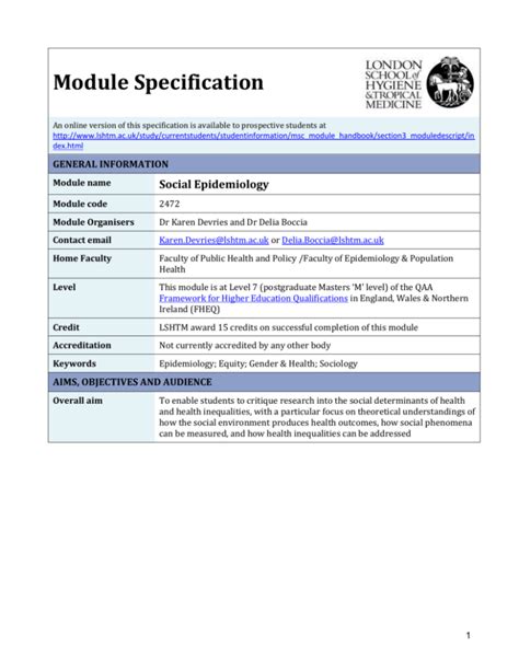 Social Epidemiology Module Specification