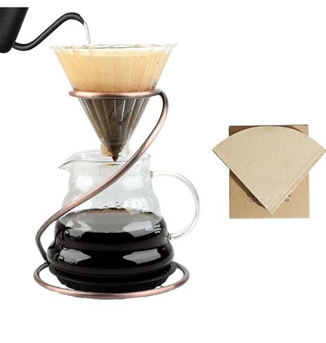 해외직구 푸어 오버 커피 메이커 세트 5 In 1 세트 유리 커피 드리퍼 컵받침 금속 드리퍼 스탠 티몬