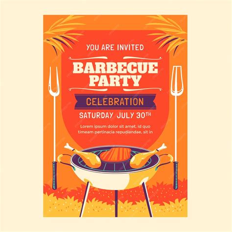 그릴이 있는 평평한 여름 바베큐 초대장 템플릿 무료 벡터