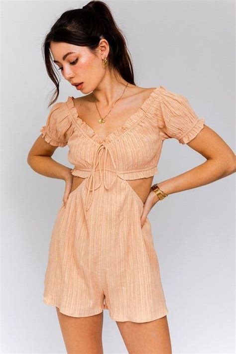 Le Lis Off Shoulder Cutout Romper Apricot M Trendy Clothes For