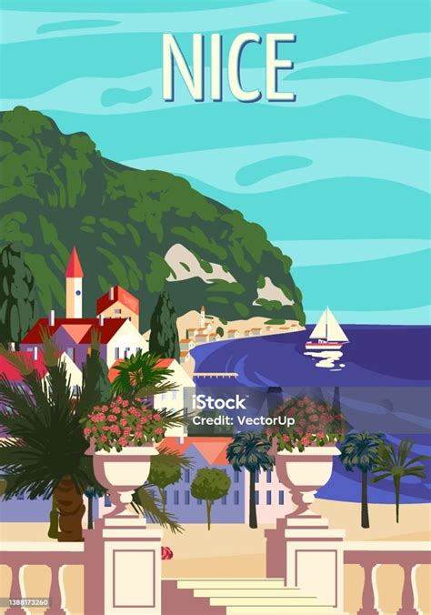 좋은 프랑스 리비에라 해안 포스터 빈티지 지중해 리조트 해안 바다 야자수 해변 복고풍 스타일 일러스트 벡터 그리스에 대한 스톡 벡터 아트 및 기타 이미지 Istock