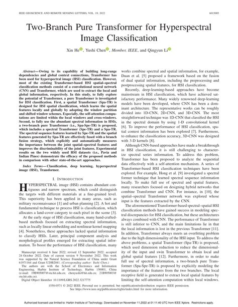 pdf two branch pure transformer for hyperspectral image classification