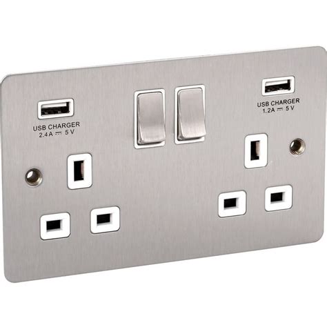Flat Satin Chrome USB Switched Socket 13A 2 Gang 2 USB