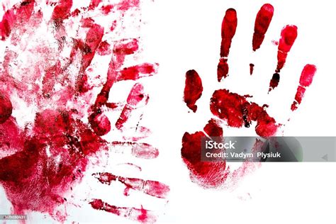 흰색 배경에 빨간색 피 묻은 지문과 손바닥 인쇄물 공포와 범죄 현장 개념 할로윈 엽서 0명에 대한 스톡 사진 및 기타 이미지 0명 공포 무서움 도둑질 범죄 Istock