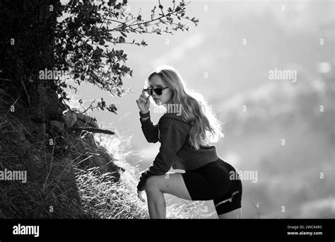 Woman Traveler Looking At Batur Volcano Indonesia Female Hiker With