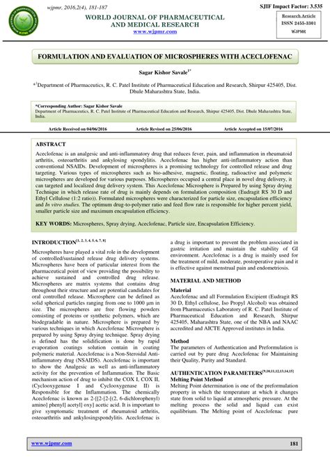 Pdf Formulation And Evaluation Of Microspheres With Aceclofenac