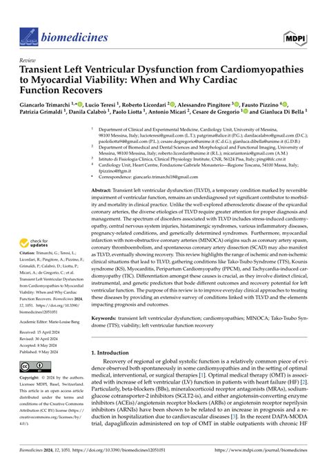 Pdf Transient Left Ventricular Dysfunction From Cardiomyopathies To Myocardial Viability When