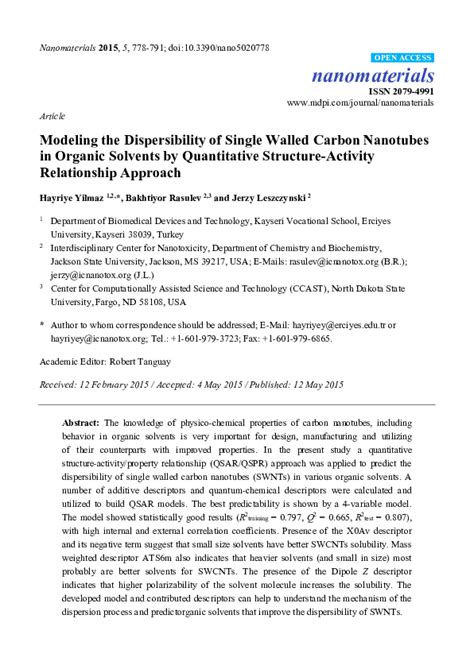 Pdf Article Modeling The Dispersibility Of Single Walled Carbon Nanotubes In Organic Solvents