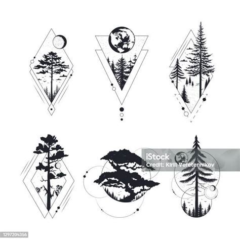 글로브 소나무 달 별이 있는 손으로 그린 나무 배지 세트 벡터 격리 방랑자 인쇄 라벨 이나 문신에 대 한 숲기하 체 프레임 숲에 대한 스톡 벡터 아트 및 기타 이미지
