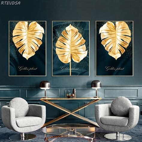 추상 황금 식물 잎 캔버스 인쇄 포스터 현대적인 스타일 거실 회랑 가정 장식의 미술 벽화그림 And 서예 Aliexpress