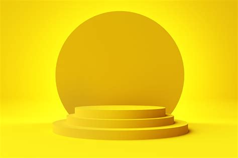 둥근 노란색 빈 받침대 또는 연단 다채로운 미니멀 컨셉 디자인 프리젠 테이션 템플릿에 대한 추상적 인 현대 미술 그림 3d
