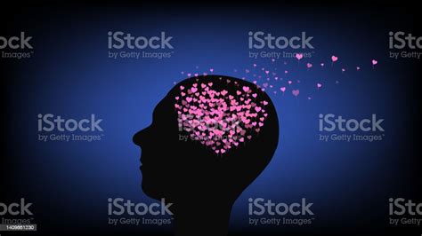 인간의 실루엣은 파란 배경에 풍선을 날리는 심장의 형태로 뇌와 함께 프로필로 향합니다 로맨스 개념 개념에 대한 스톡 벡터 아트