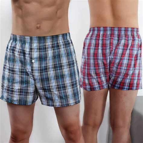 100 코 튼 남자 속옷 권투 팬티 Homewear 잠 옷 팬티 격자 무늬 느슨한 편안한 남성 스트라이프 팬티
