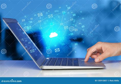 hand using laptop with centralized cloud computing system concept stock image image of cloud