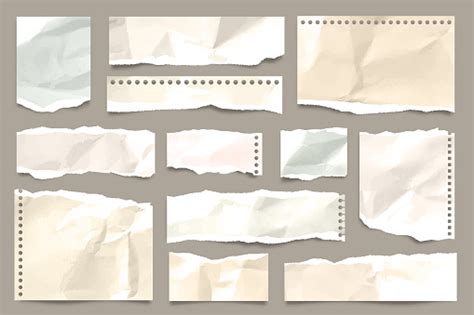 찢어진 색의 구겨진 종이 스트립 컬렉션 찢어진 가장자리가있는 현실적인 종이 스크랩 스티커 노트 노트북 페이지의 조각 벡터