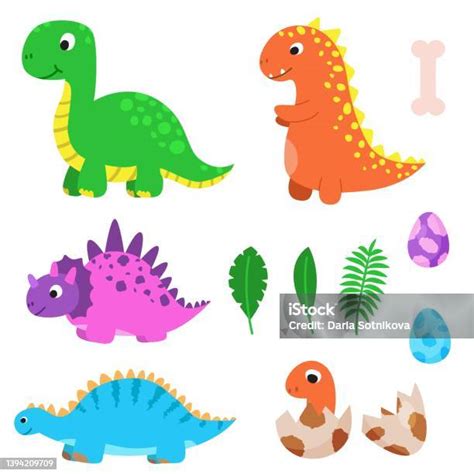 재미있는 만화 공룡의 큰 세트 평면 스타일의 귀여운 일러스트레이션 4 개의 다채로운 디노 아기 계란 및 야자수 잎 옷 책 섬유 장식을위한 다채로운 인쇄물 어린이 어린이를
