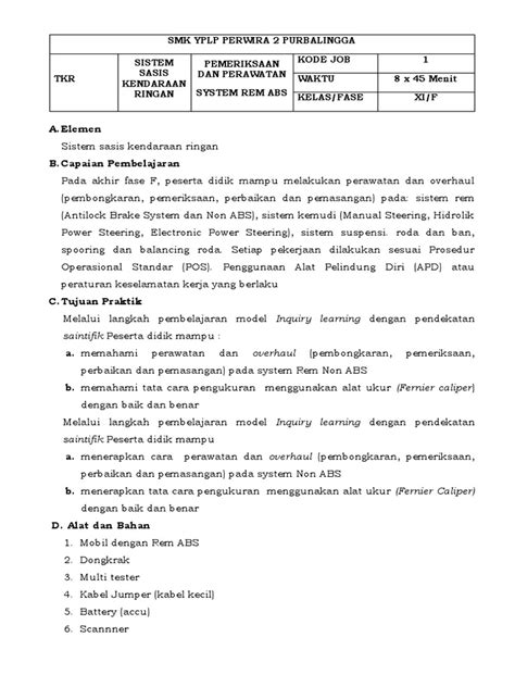 Jobsheet Rem Abs Dan Non Abs Sistim Sasis Kendaraan Ringan Pdf