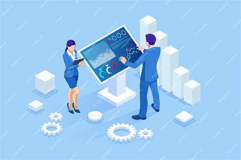 Premium Vector Isometric Male In Front Of The Big Screen For Data